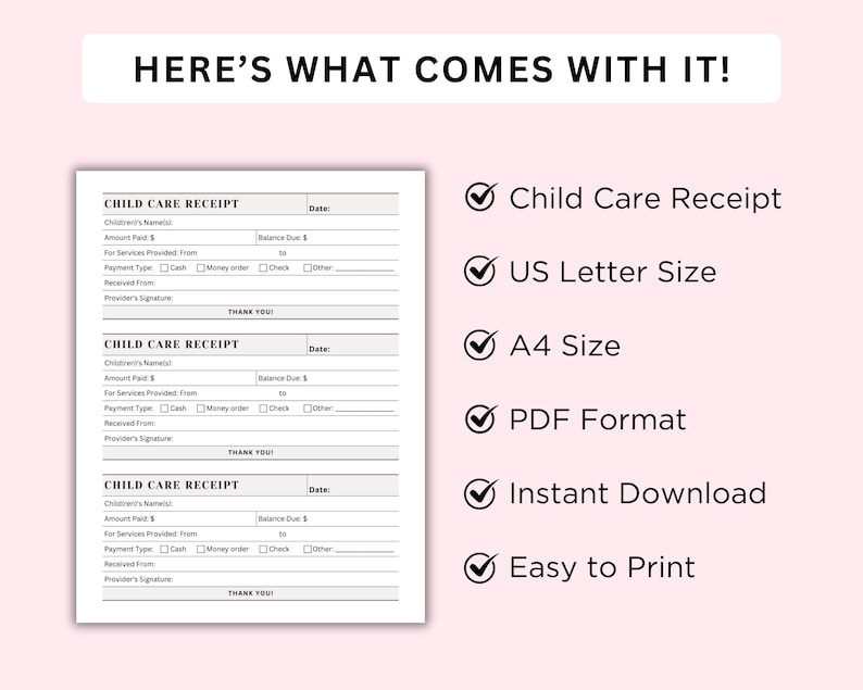Child Care Receipt Printable, Daycare Payment Form, Daycare Receipt ...
