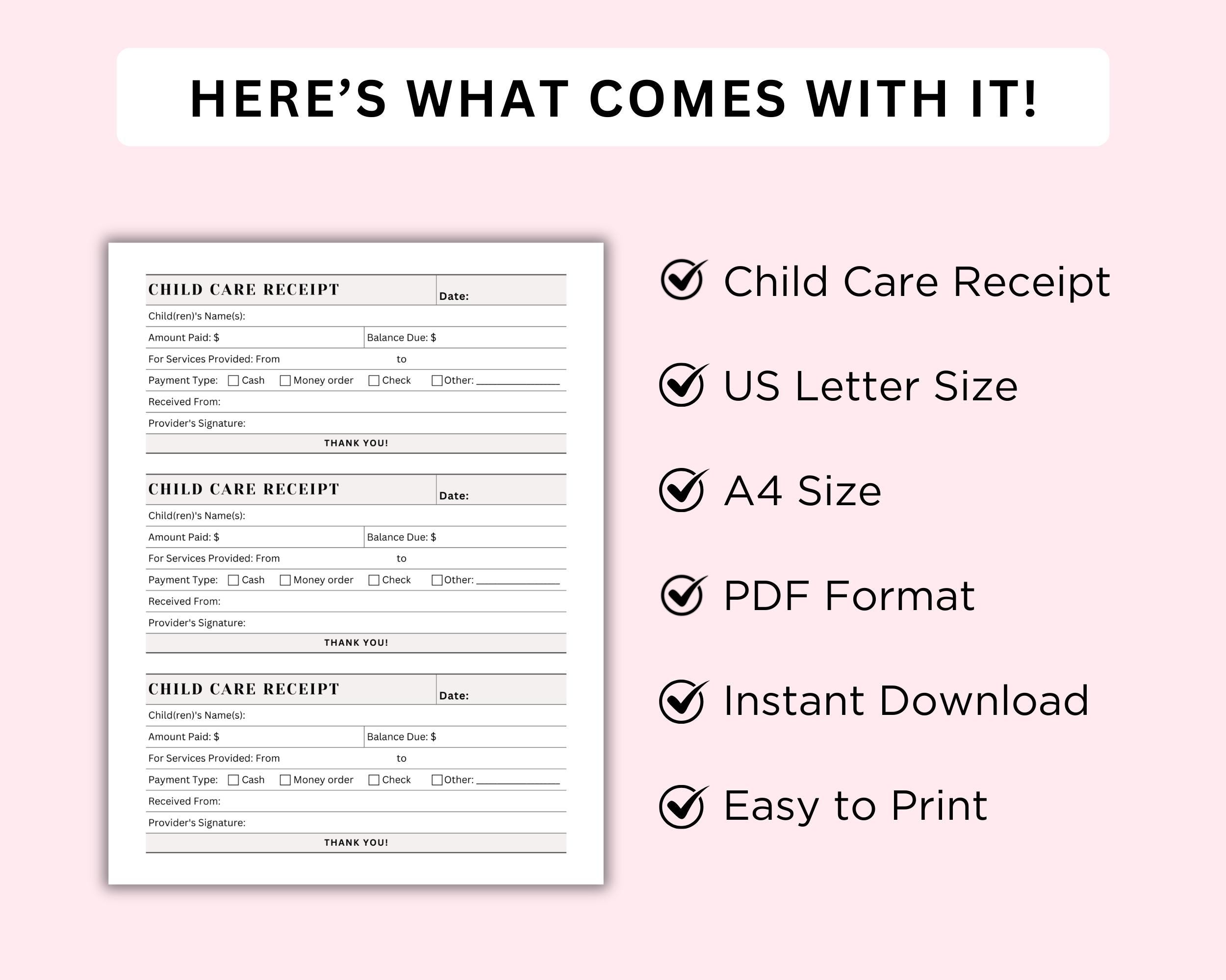 Child Care Receipt Printable, Daycare Payment Form, Daycare Receipt ...