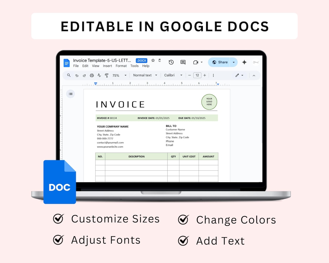 Editable Invoice Template Word & Google Docs. Printable Billing ...