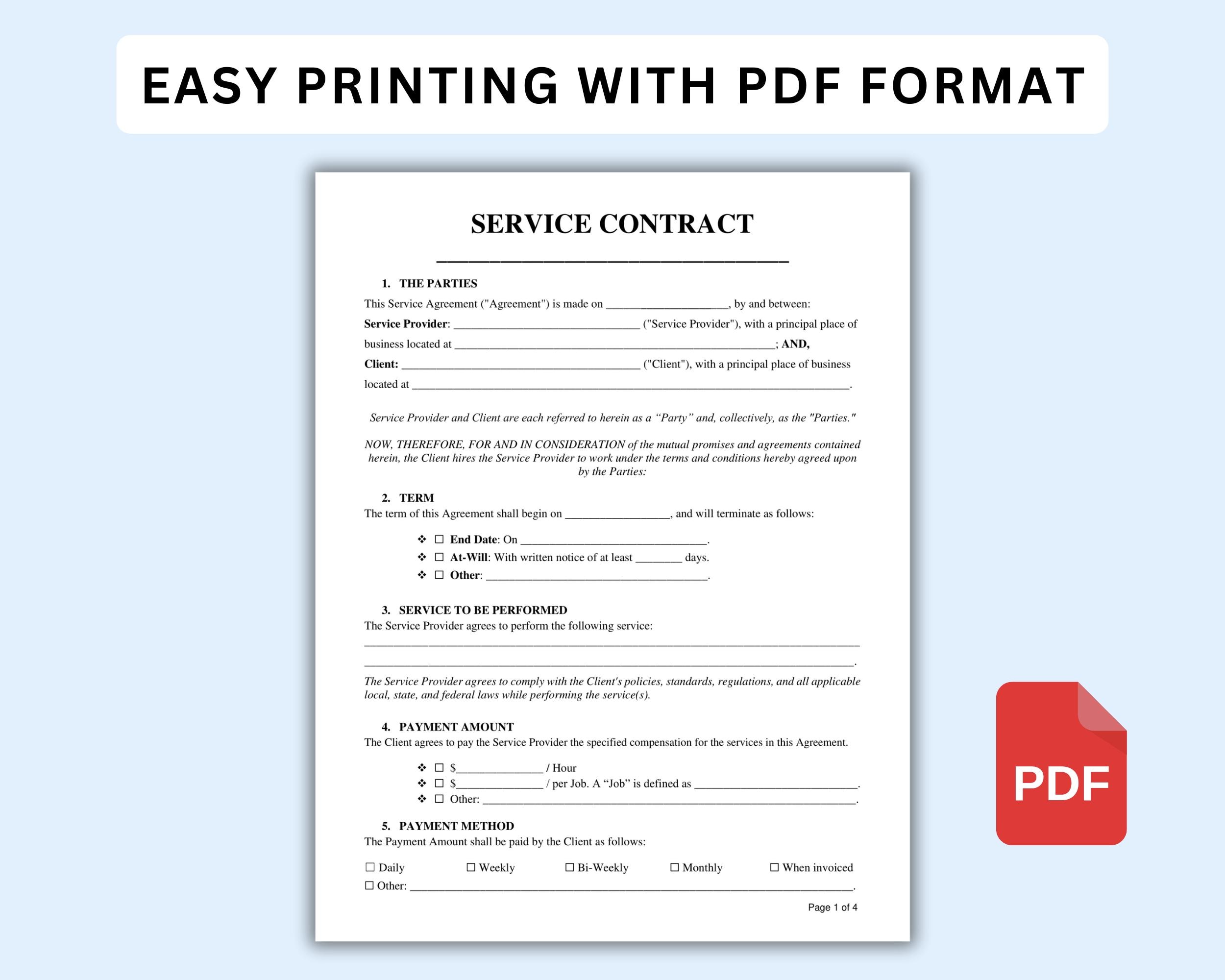 Editable Service Contract Template, Printable Services Contract ...
