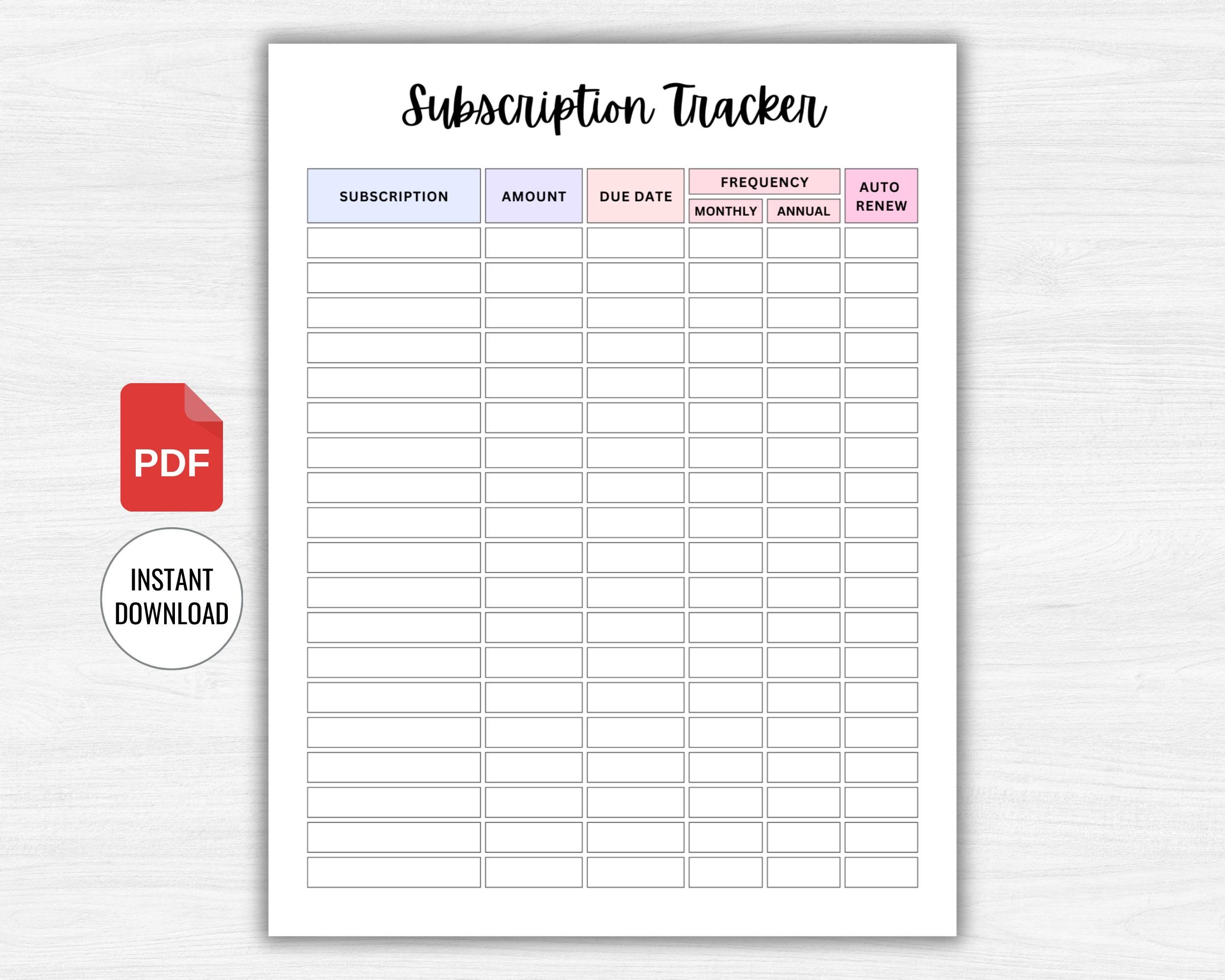 Subscription Tracker Printable PDF. Membership Tracker. Monthly ...