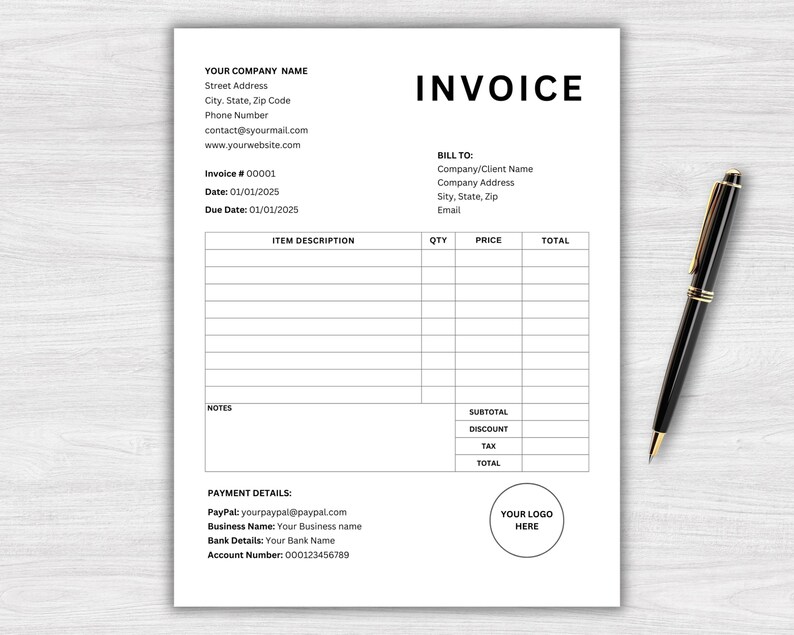 Editable Invoice Template for Small Business | Printable Professional ...