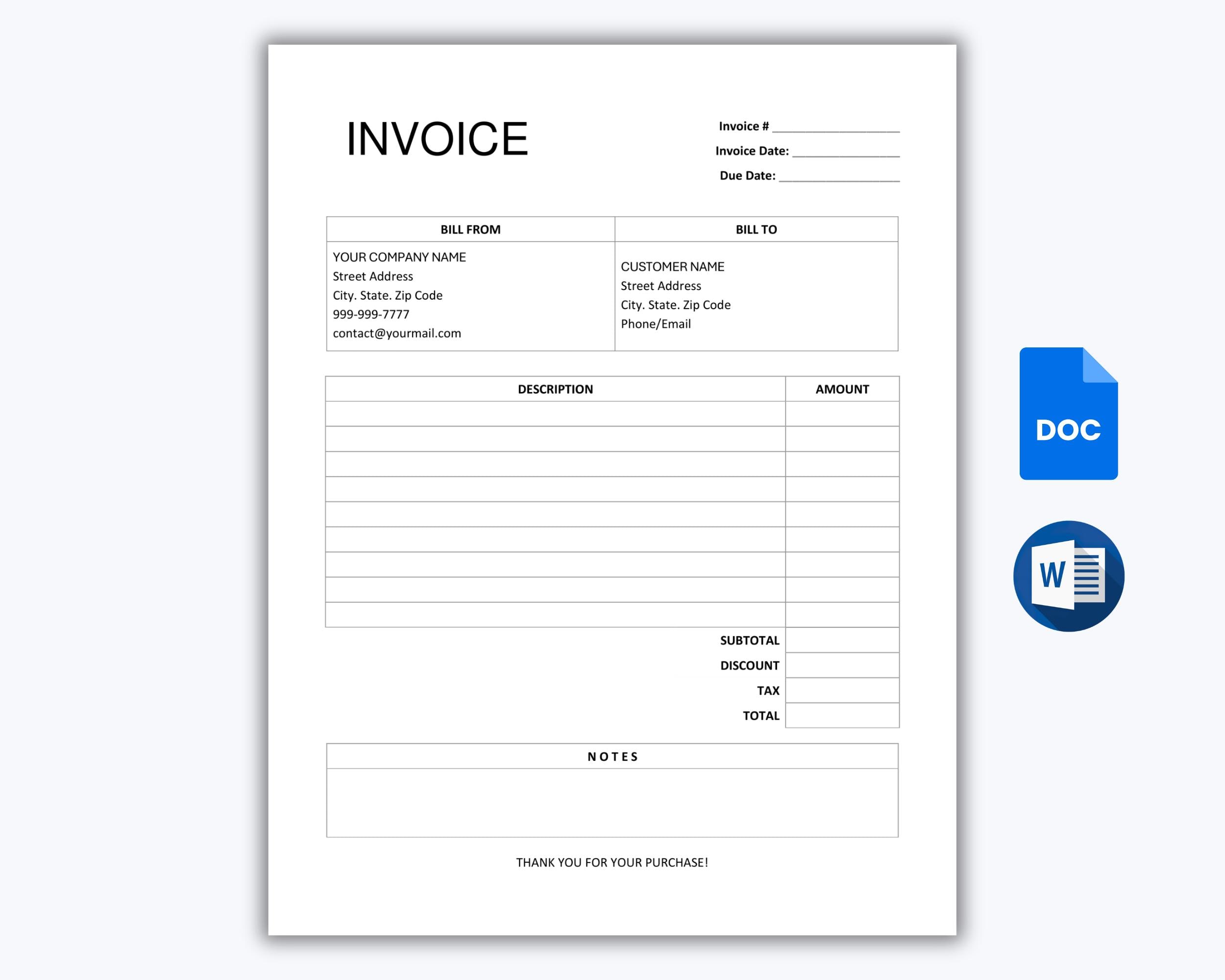 Editable Invoice Template. Microsoft Word Invoice Template. Blank ...