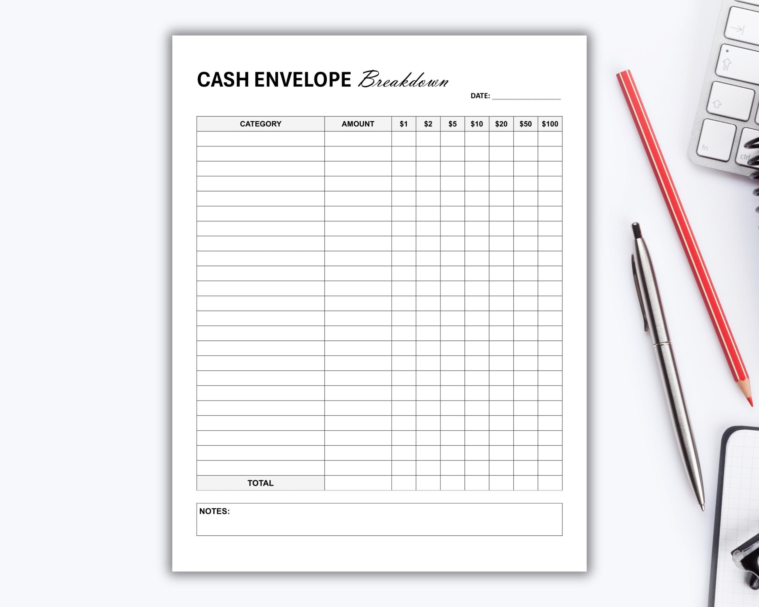 PRINTABLE Cash Envelope Breakdown Cash Tracker Template Cash Breakdown ...