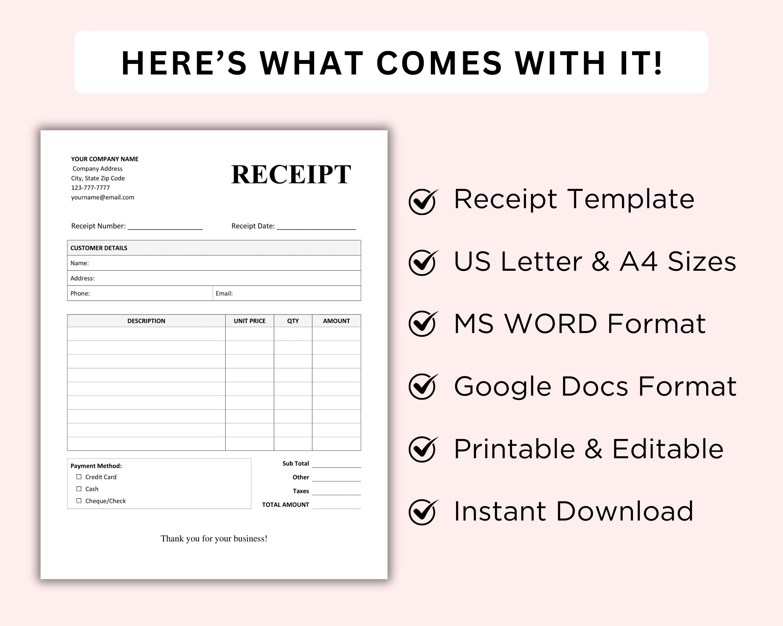 Editable Receipt Template. Printable Billing Template. Small Business ...