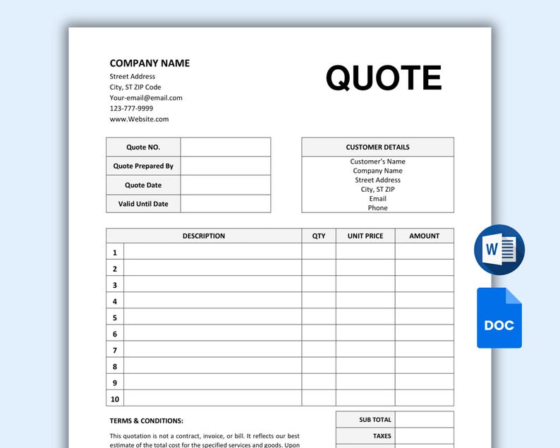 Printable QUOTE Template, Printable Quote Form, Job Proposal, Small Business Price Quote ...