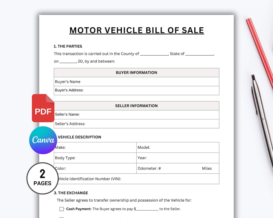 Printable Motor Vehicle Bill of Sale. Car Sale Form. Bill of Sale ...