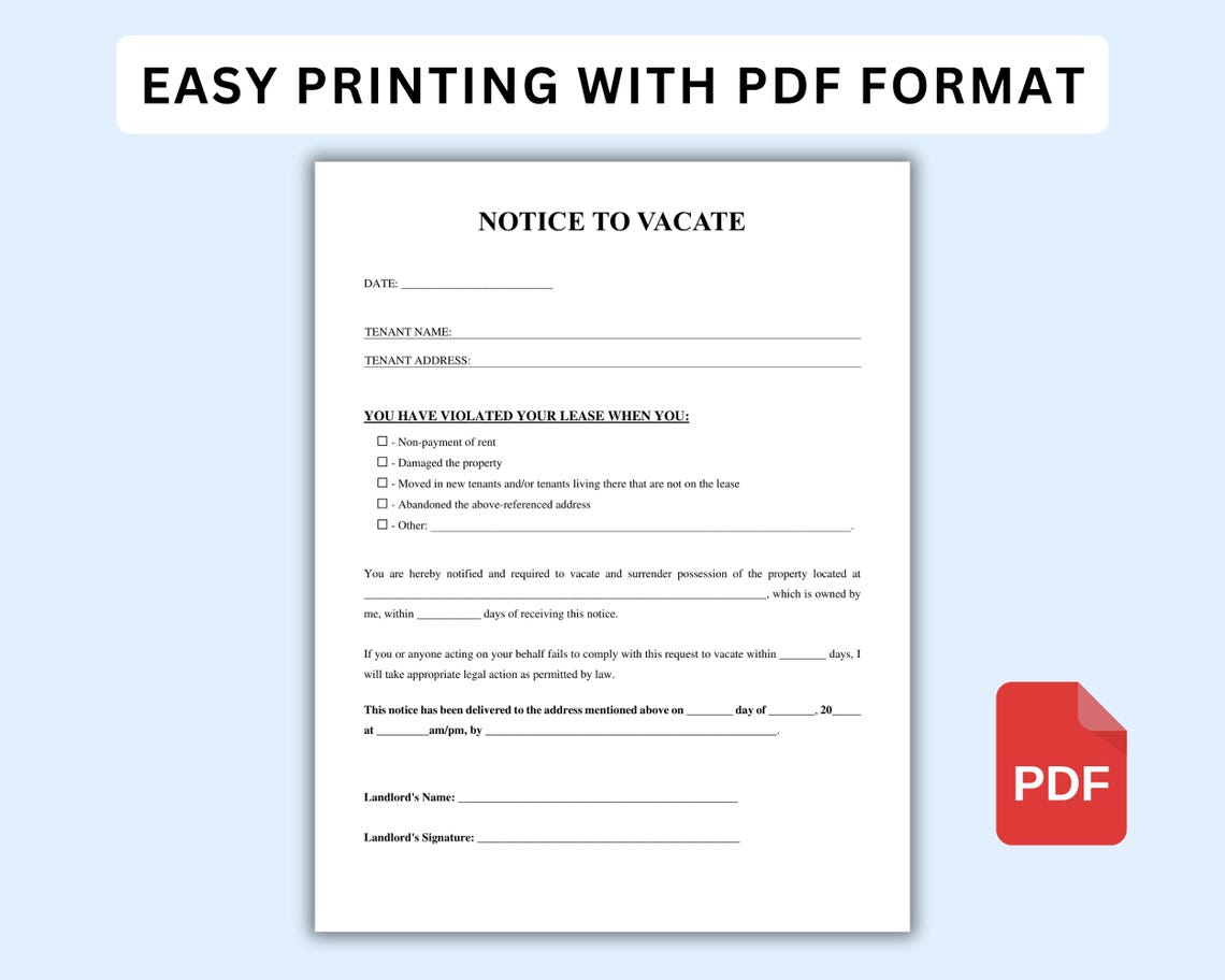 Printable Eviction Notice Template. Notice to Vacate Letter. Lease Termination Form. Landlord ...