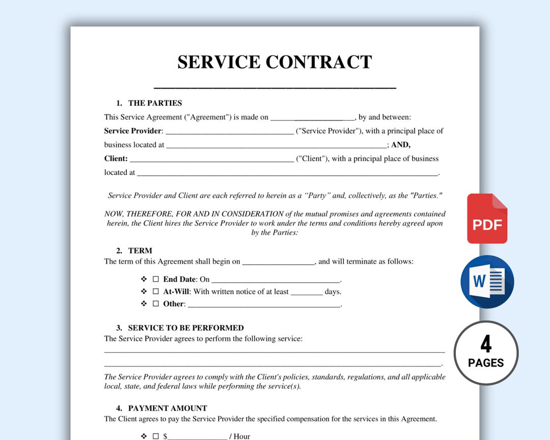 Editable Service Contract Template, Printable Services Contract ...
