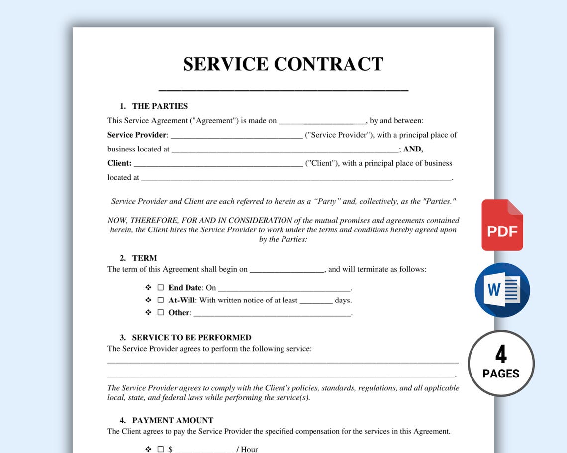 Editable Service Contract Template, Printable Services Contract ...