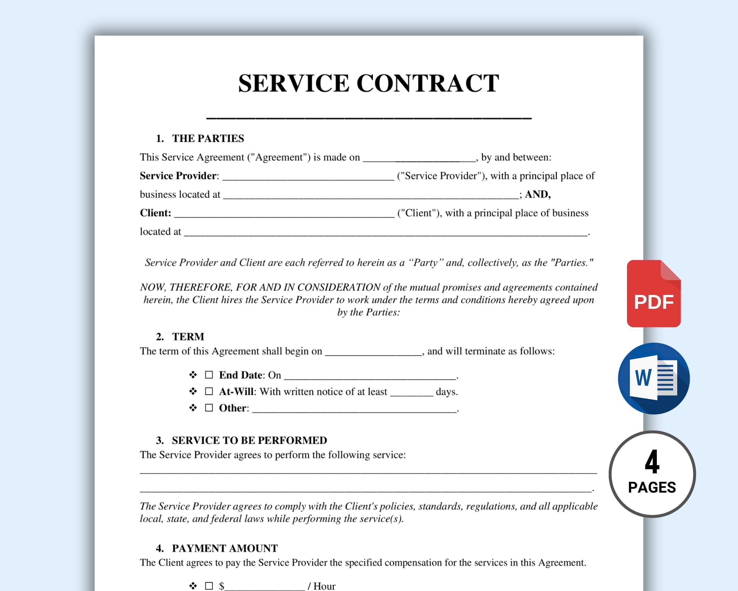 Editable Service Contract Template, Printable Services Contract ...