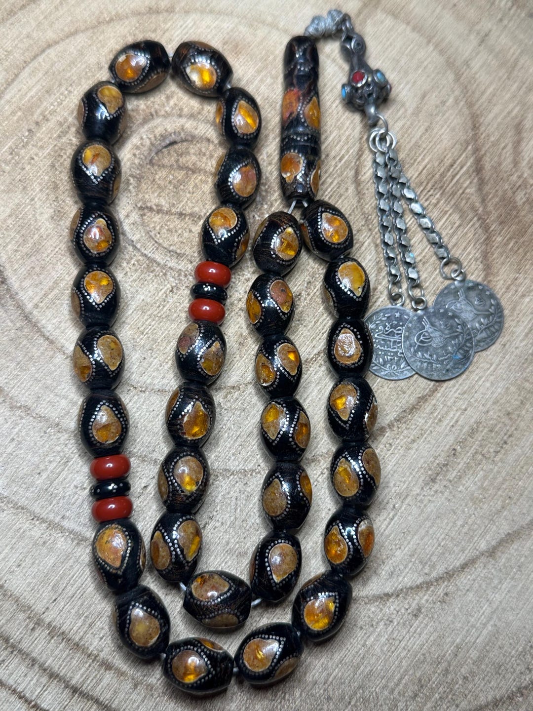 Vintage Antique Antique Yusur Yusuri Black Coral Tespih With Amber and ...