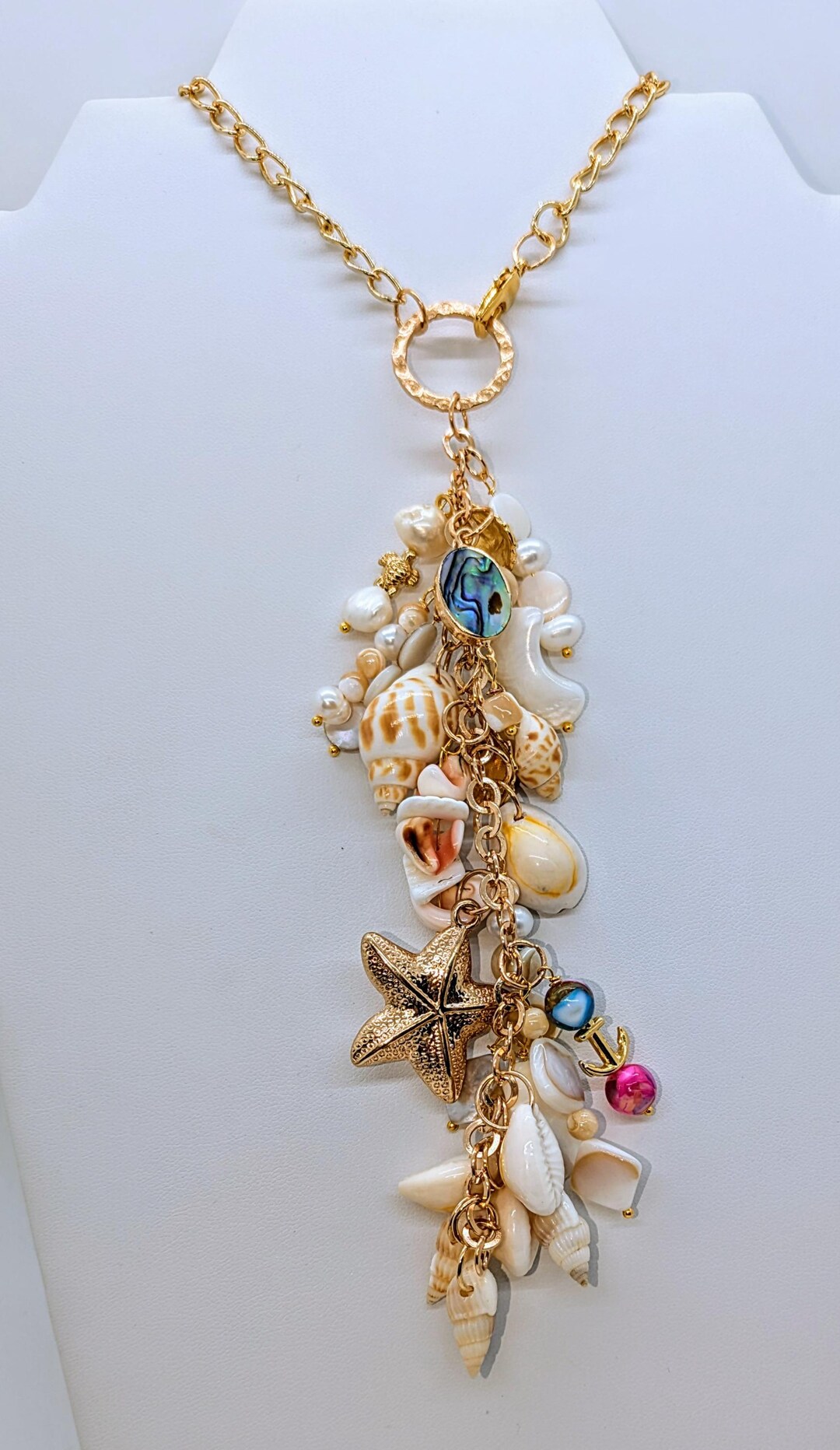 Seashell Cha Cha Necklace: Gold Tone, Pearl, Abalone Charms - Etsy
