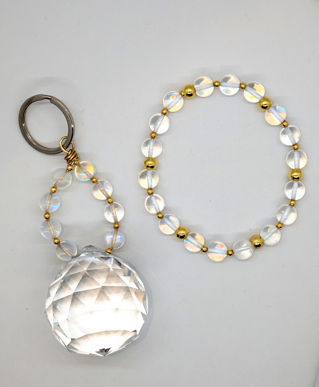 Crystal Teardrop Keyring/rainbow Moonstone Bracelet/matching Keyring ...