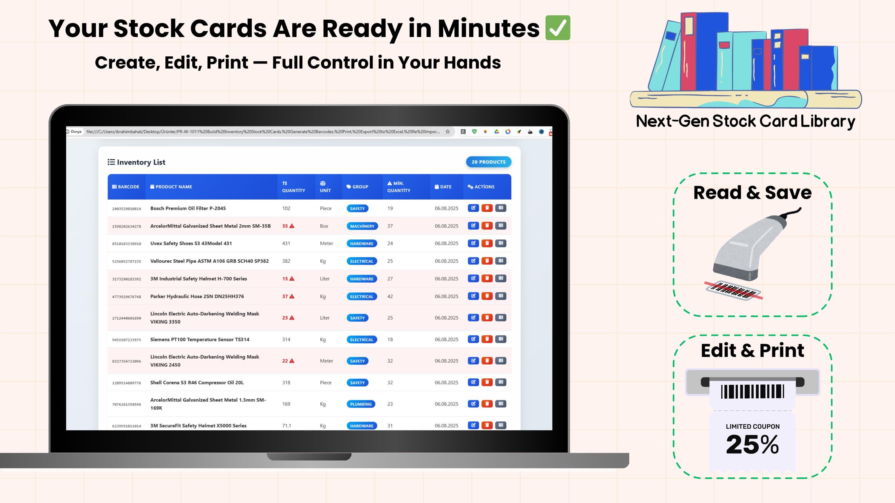 Build Inventory & Stock Cards, Generate Barcodes, Print, Export to ...