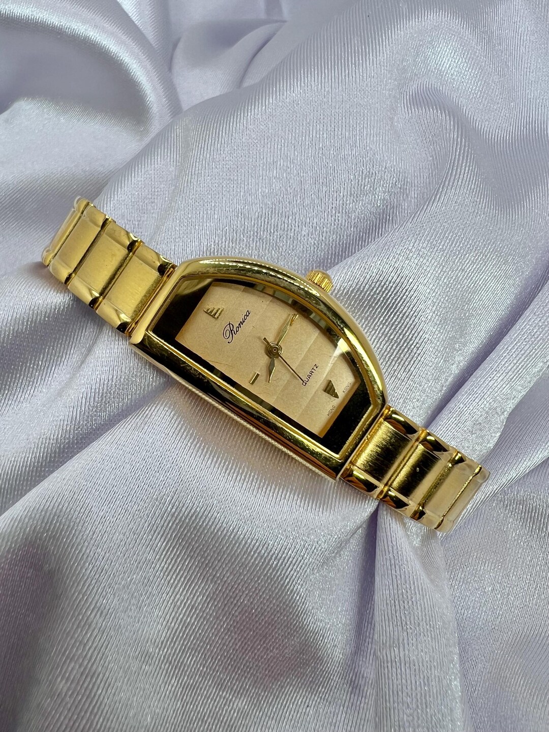 Vintage Gold Tone Half Moon Crescent Ronica Womens Watch Dainty Classy ...