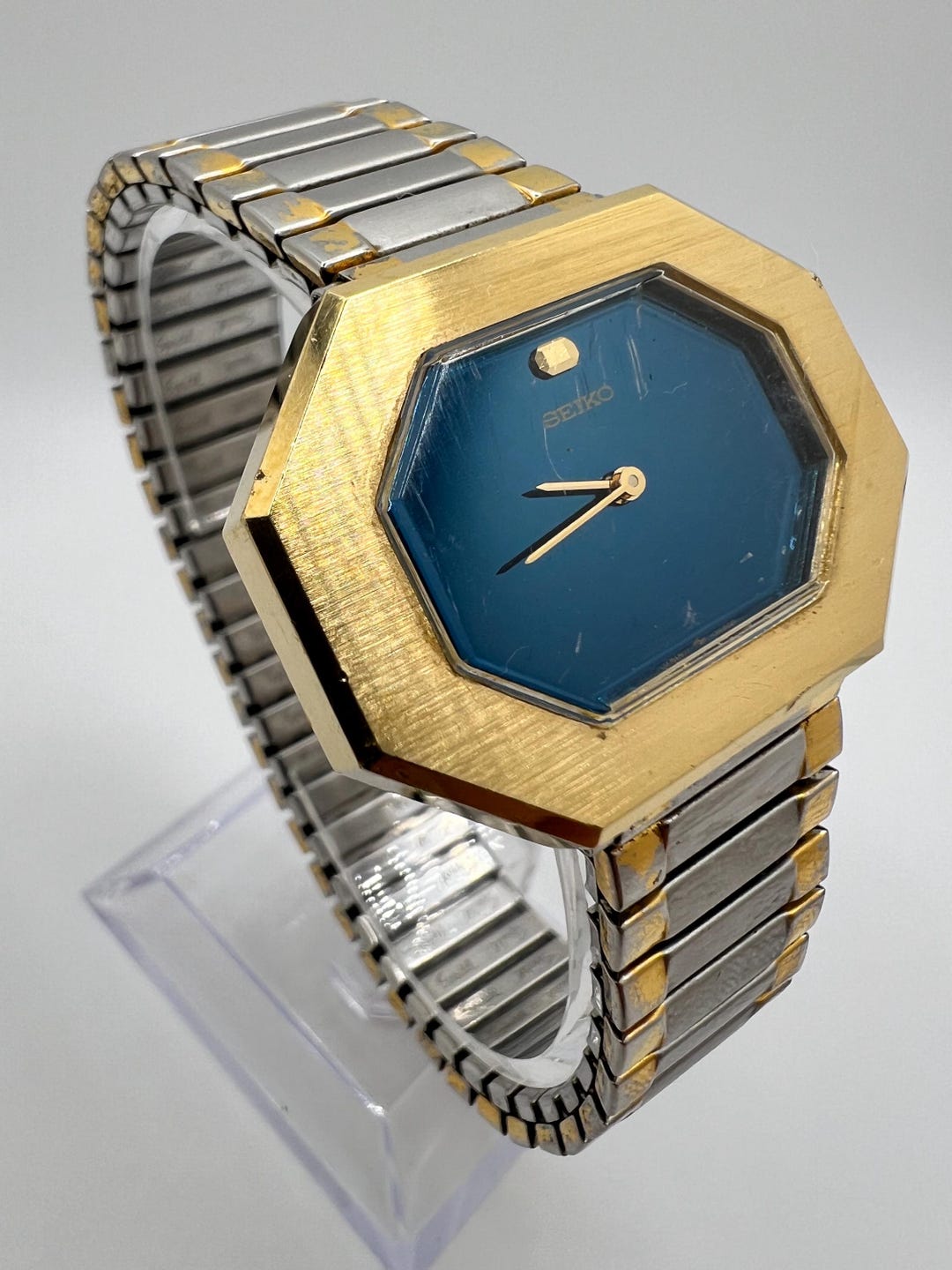 Rare Vintage Men’s Gold Seiko Blue Dial Octagon Case Stretchable Band ...