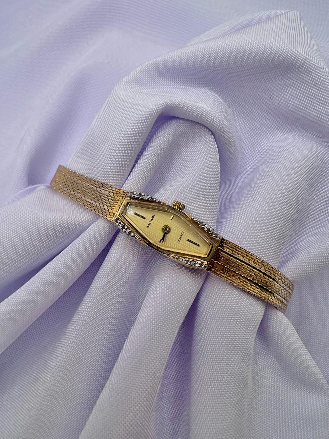 Vintage Gold Tone Crystal Bezel Waltham Womens Watch Thin Cocktail ...