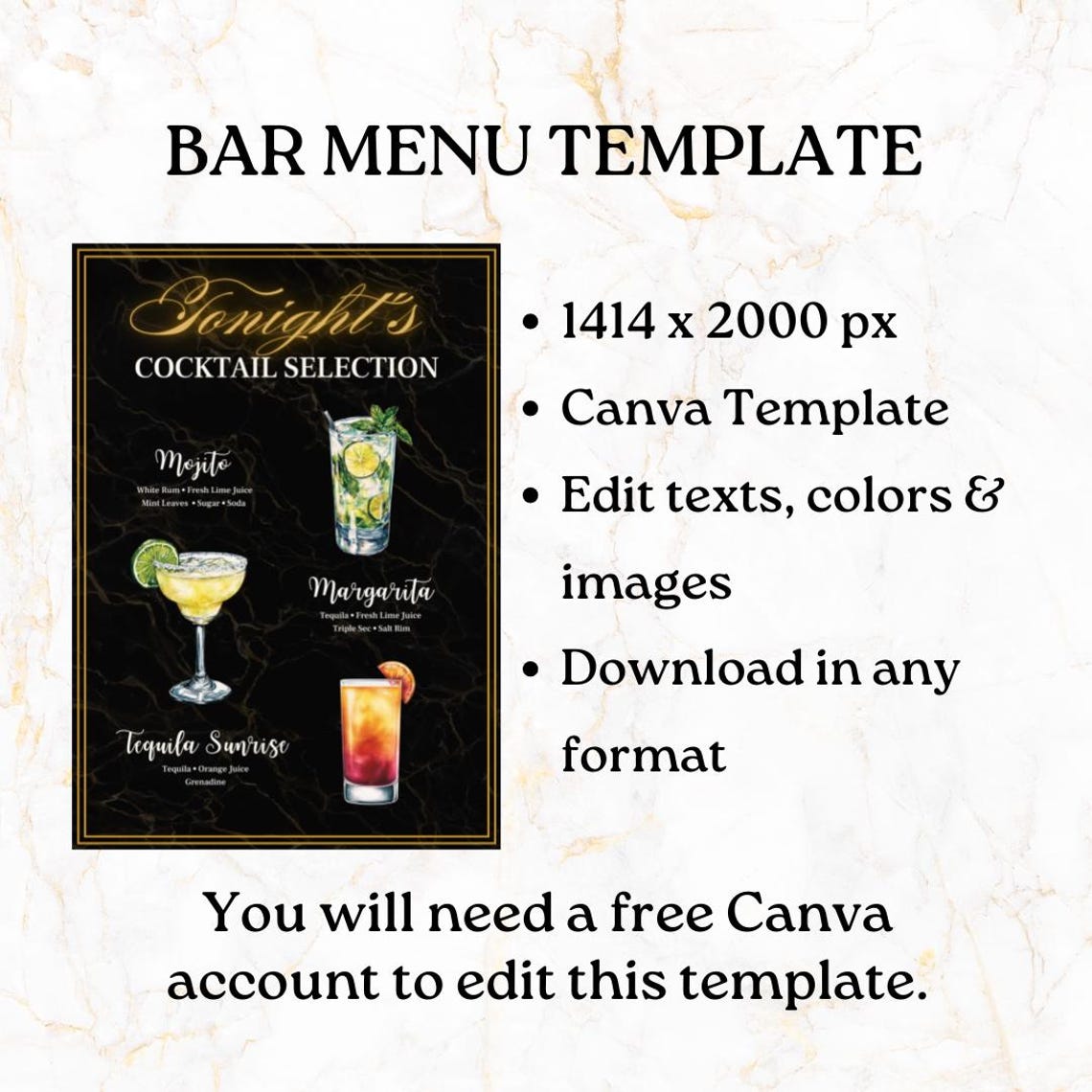 Editable Cocktail Menu Template With 20 Classic Drink Images | Black ...