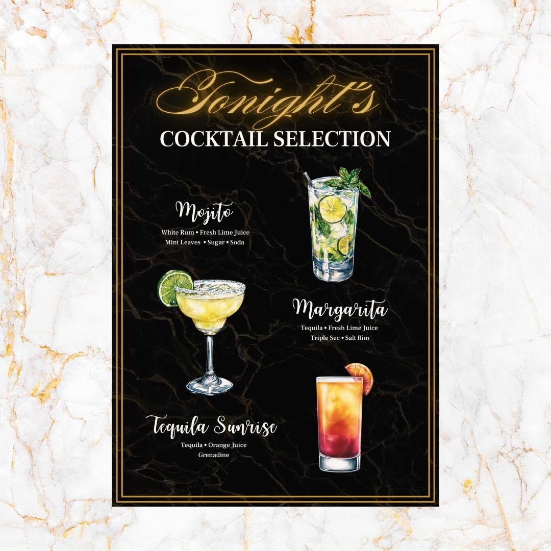 Editable Cocktail Menu Template With 20 Classic Drink Images | Black ...