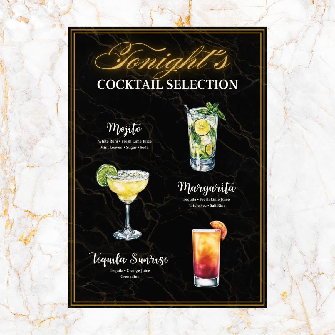Editable Cocktail Menu Template With 20 Classic Drink Images | Black ...