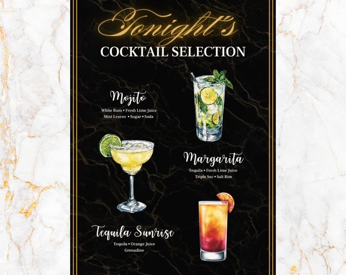 Editable Cocktail Menu Template With 20 Classic Drink Images | Black ...