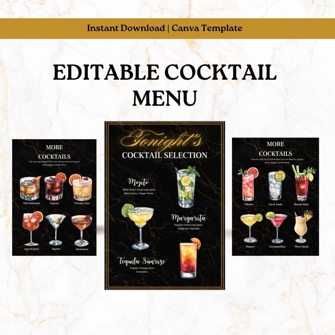 Editable Cocktail Menu Template With 20 Classic Drink Images | Black ...