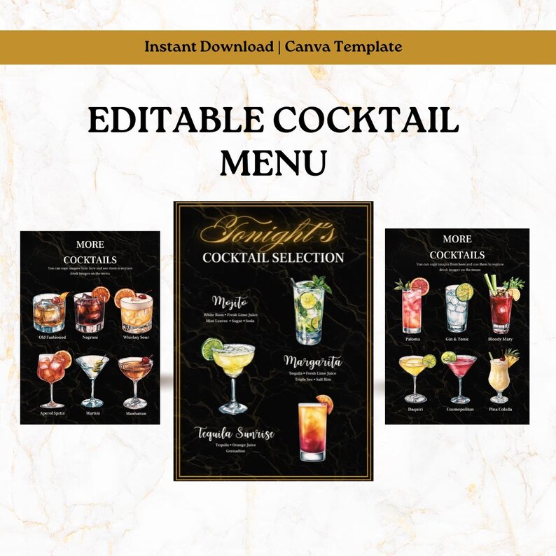 Editable Cocktail Menu Template With 20 Classic Drink Images | Black ...