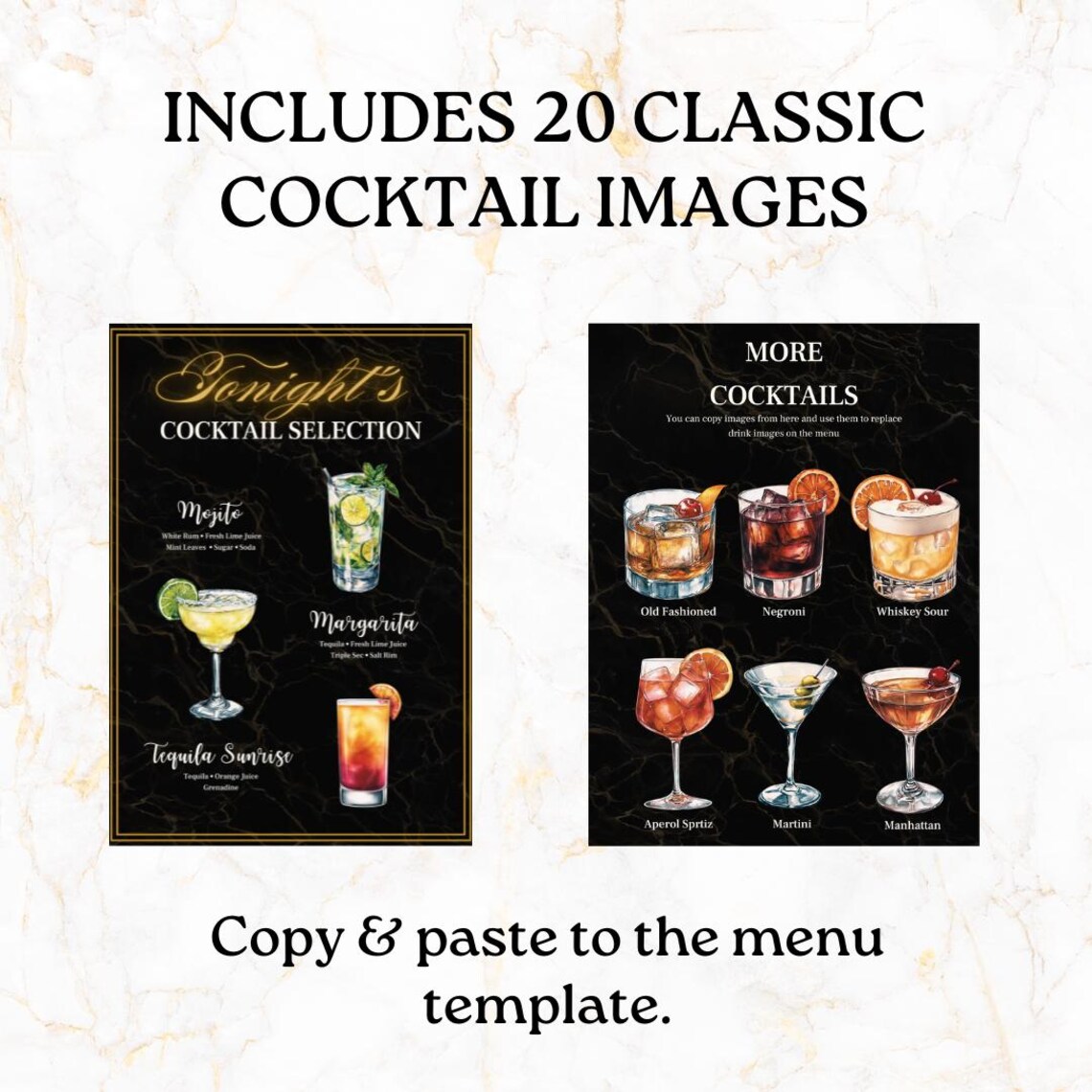 Editable Cocktail Menu Template With 20 Classic Drink Images | Black ...