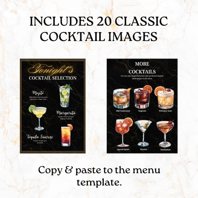 Editable Cocktail Menu Template With 20 Classic Drink Images | Black ...