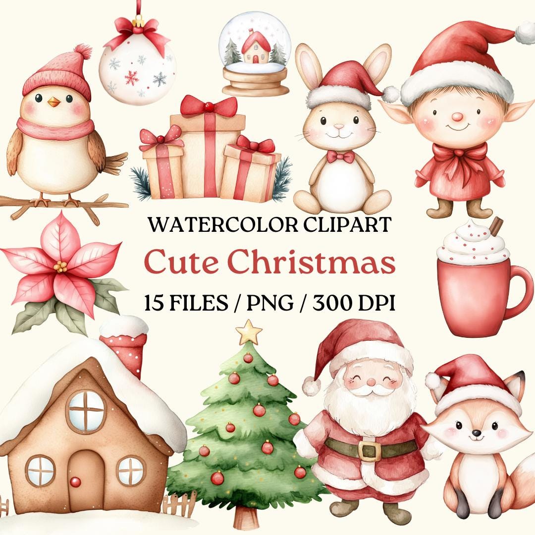 Cute Christmas Watercolor Clipart 15 PNG Files Santa, Reindeer ...
