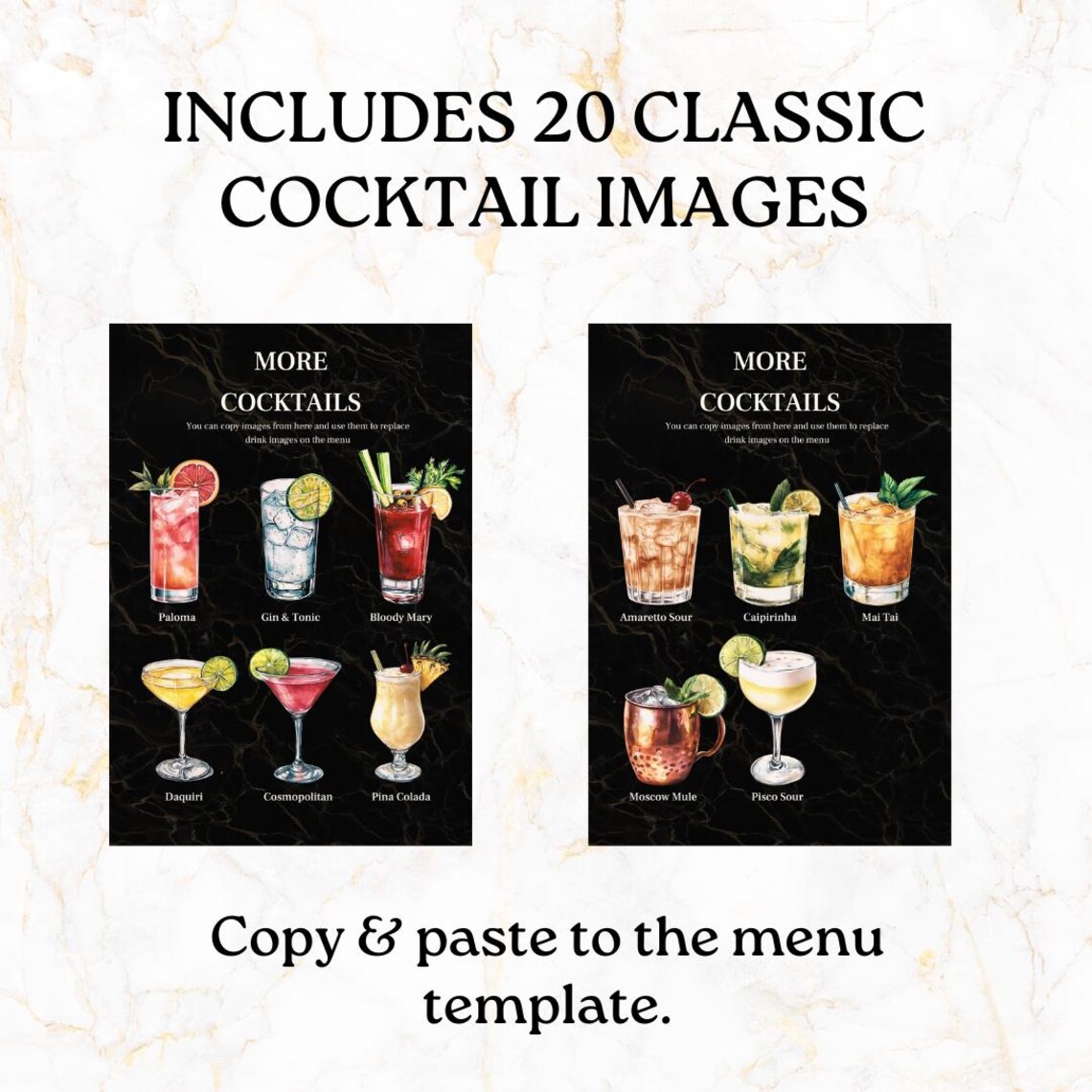 Editable Cocktail Menu Template With 20 Classic Drink Images | Black ...