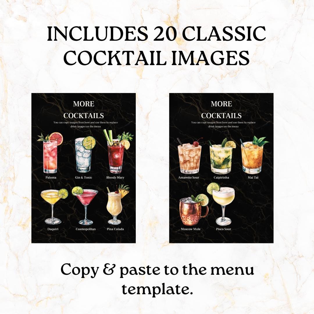 Editable Cocktail Menu Template With 20 Classic Drink Images | Black ...