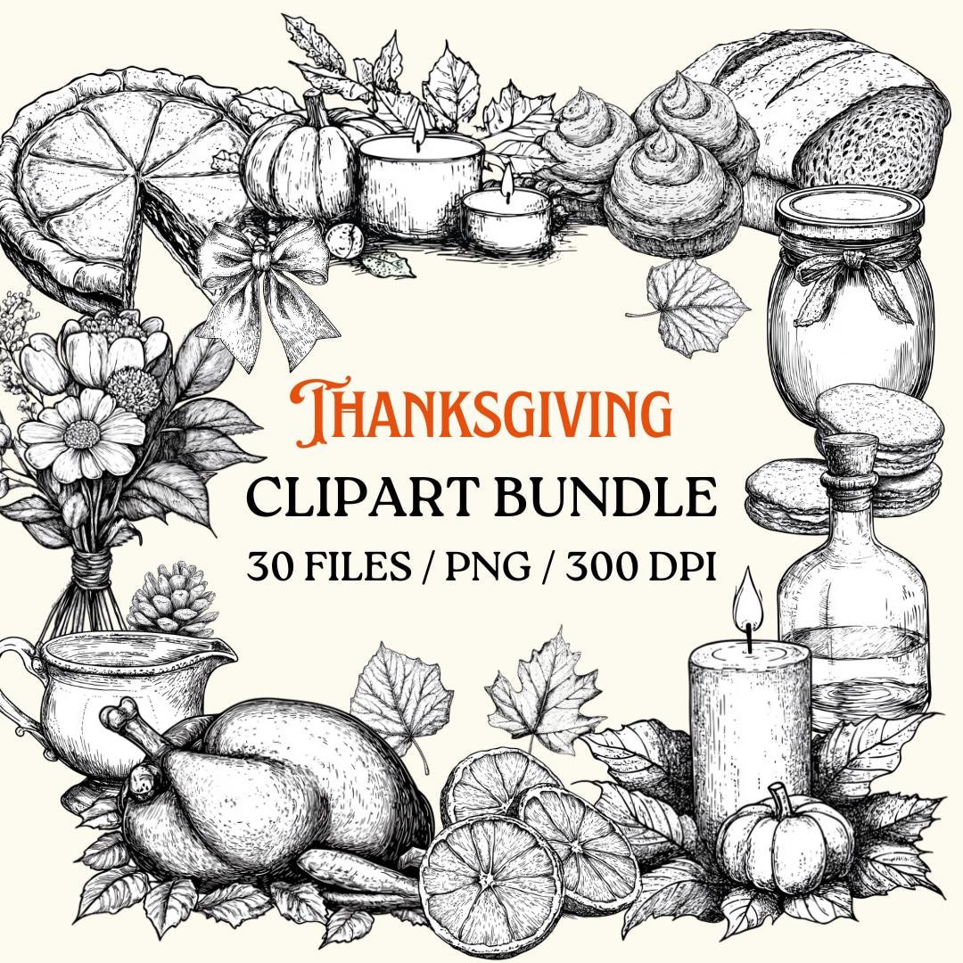 Thanksgiving Clipart Black & White Bundle | 30 PNG | Food, Decoration ...