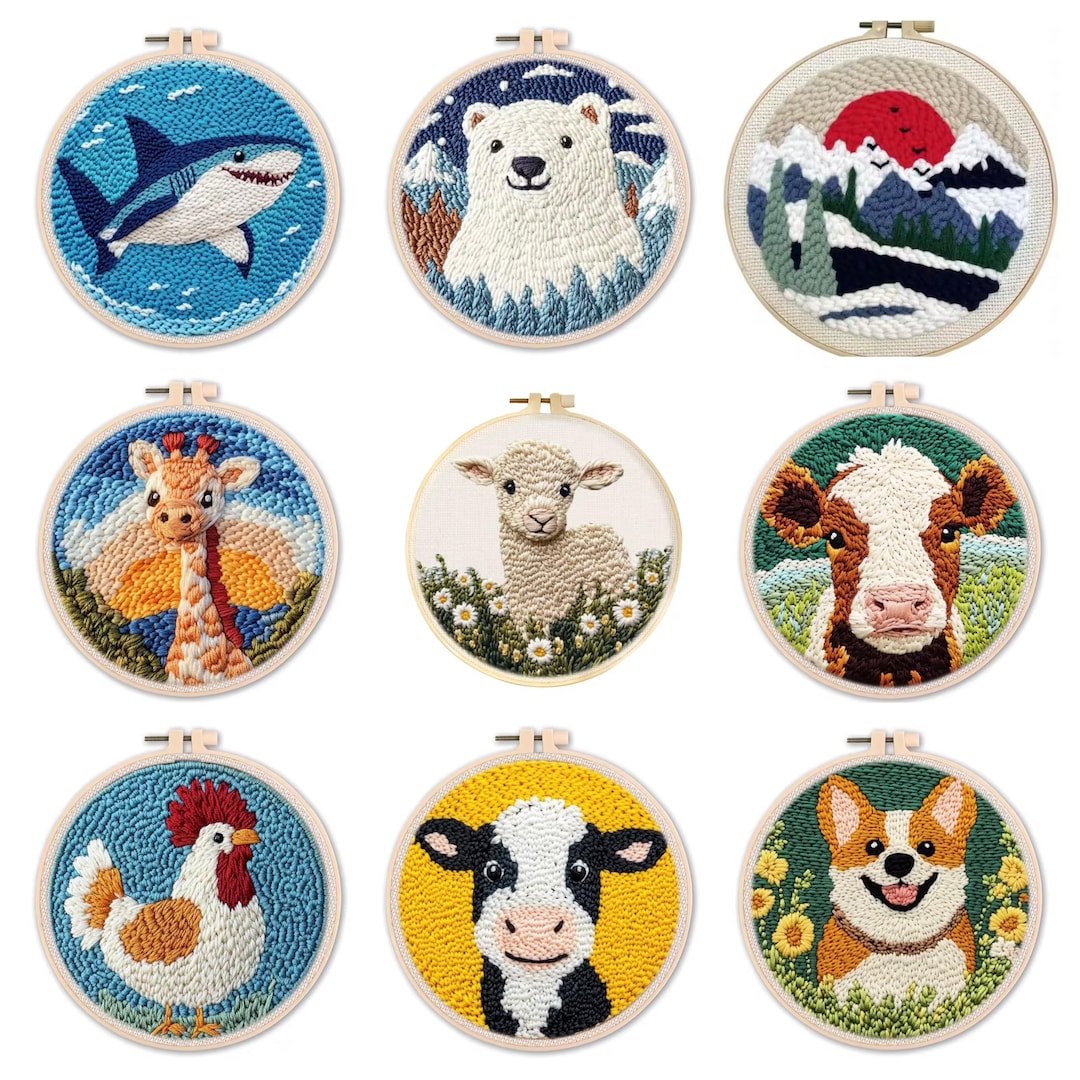 Cartoon Animal Punch Needle Embroidery Kit, DIY Wool Needlework Set for ...