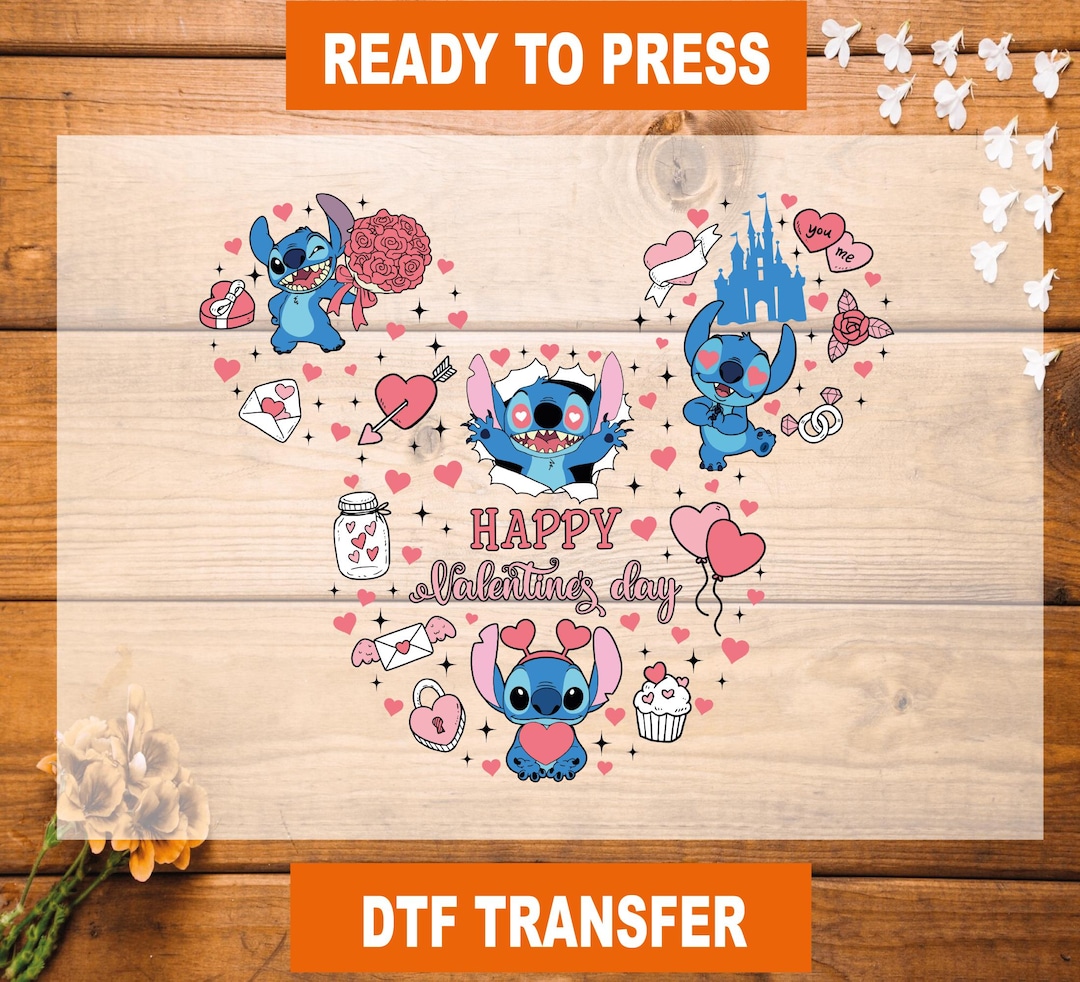 Stitch Happy Valentine's Day DTF Transfer, Stitch Valentine Ready to ...