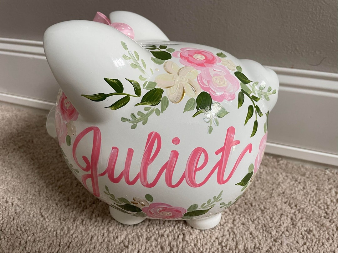 Hand Painted Personalized Piggy Bank Juliets Pink and Gold Floral Burst ...