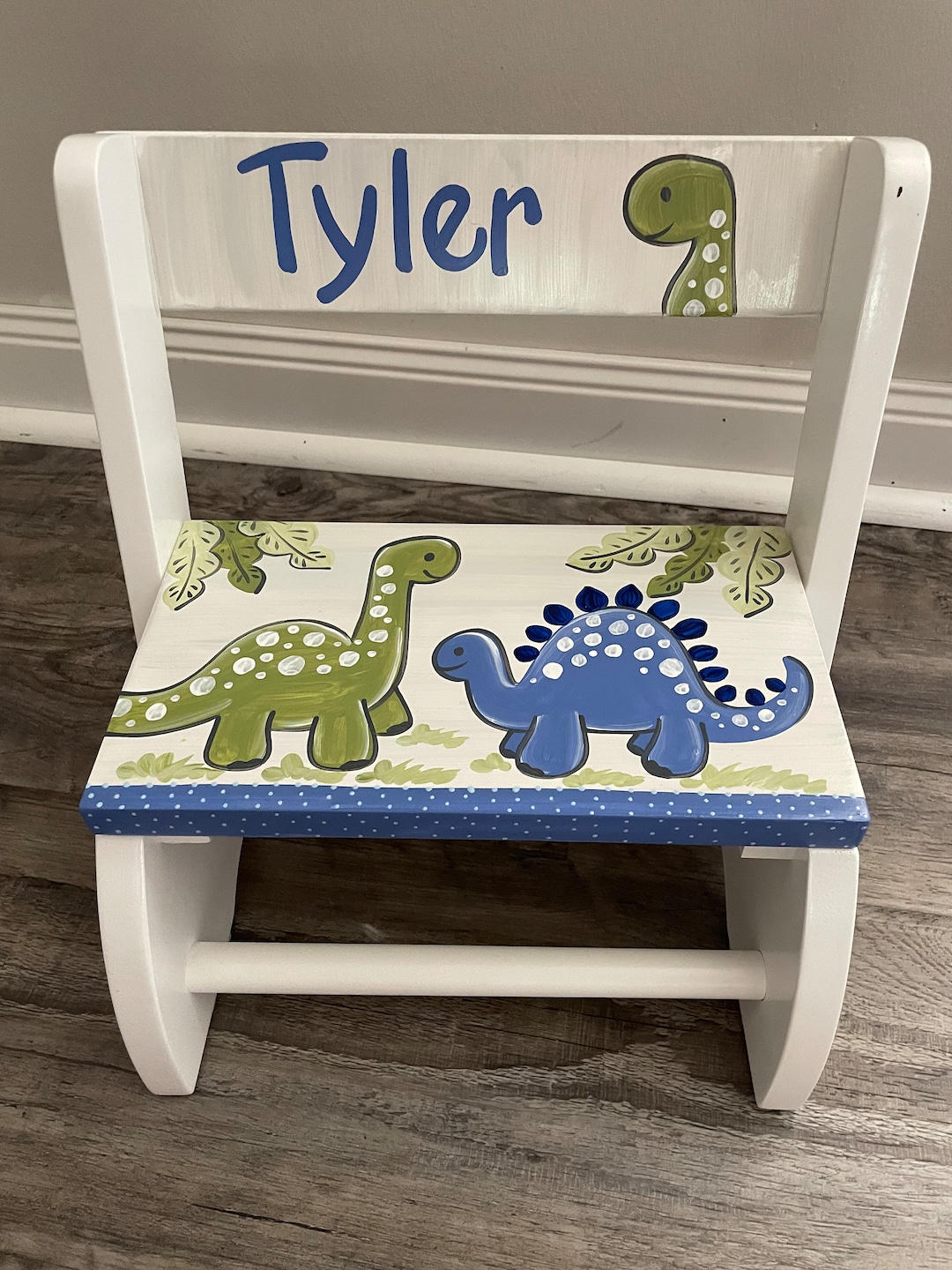 Personalized Chair Flip Step Stool Blue and Green Mod Happy Dinosaur - Etsy