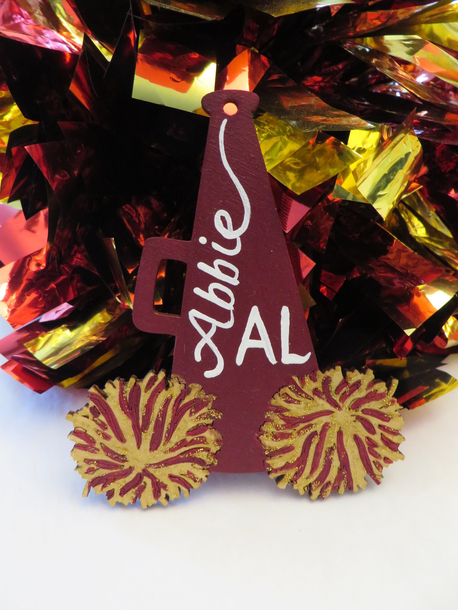 Hand painted personalized cheerleading megaphone ornament | Etsy