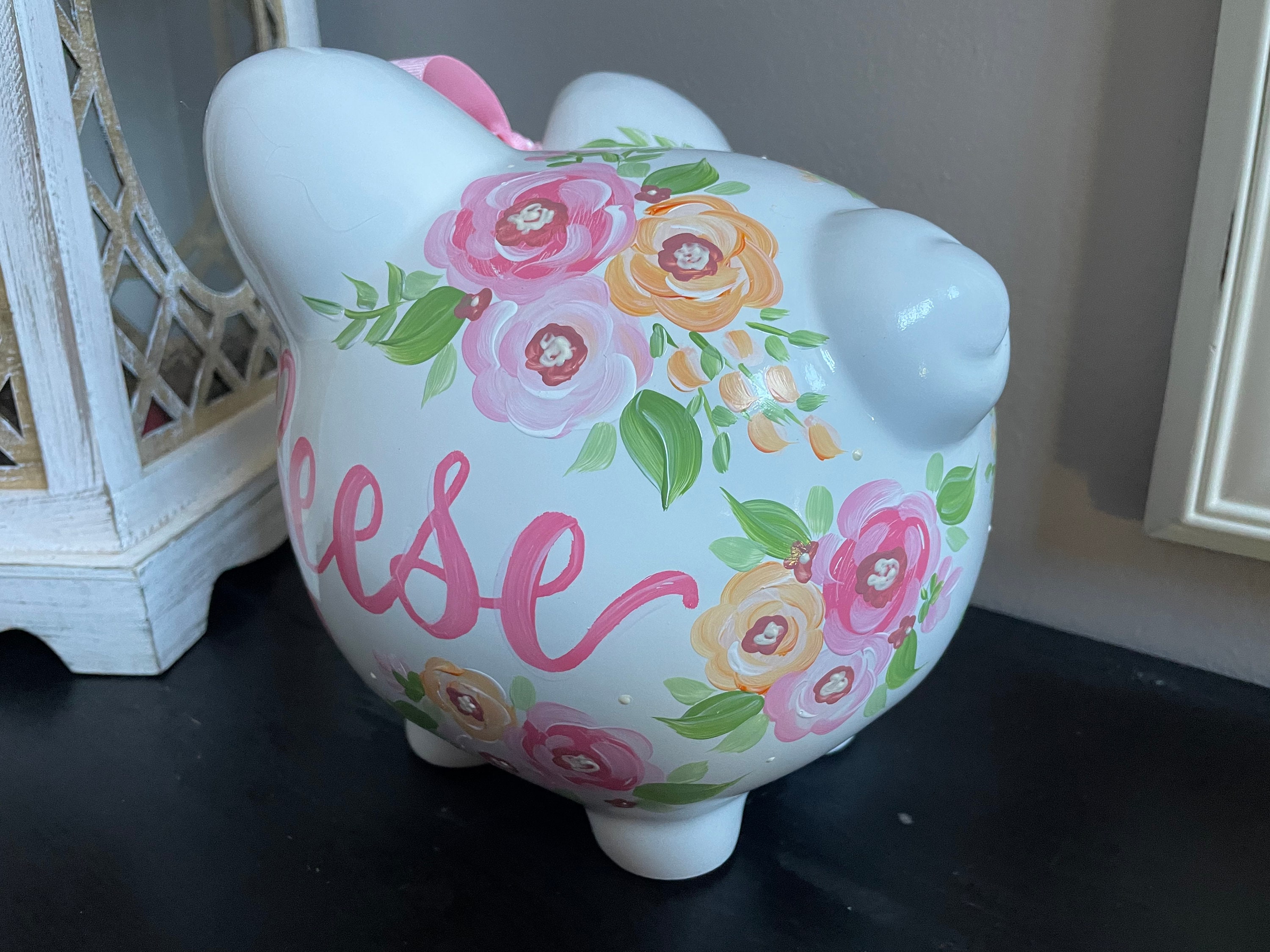Peaches and Pinks Floral Custom Hand Painted Personalized Piggy Bank - Etsy