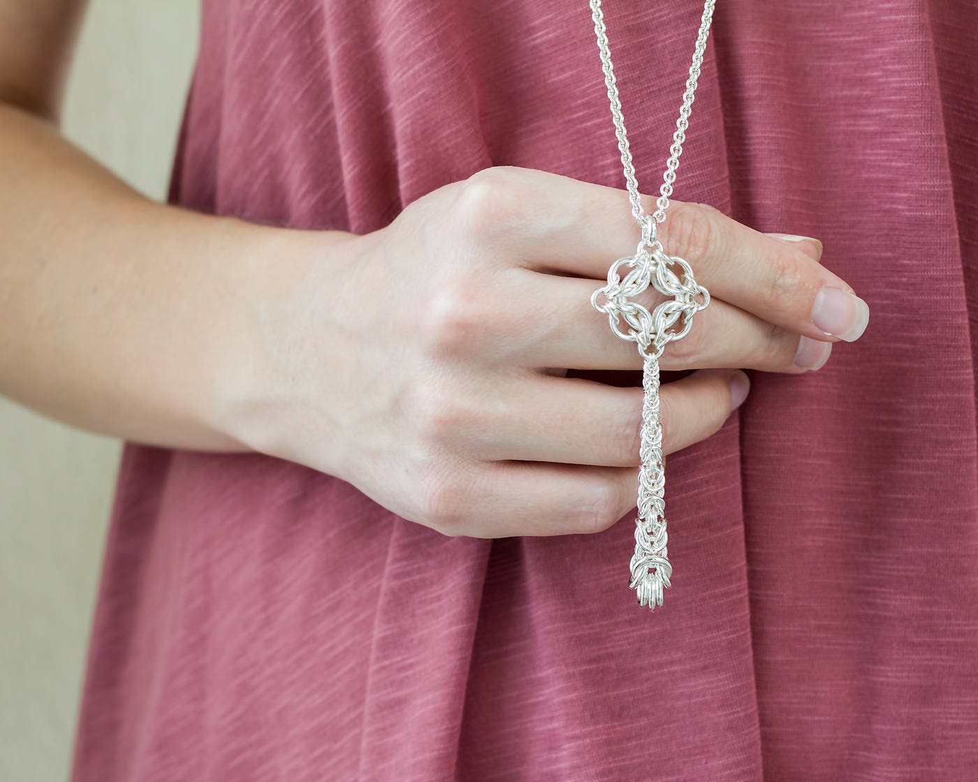 Long Silver Necklace for Women, Chainmaille Drop Pendant, Argentium ...