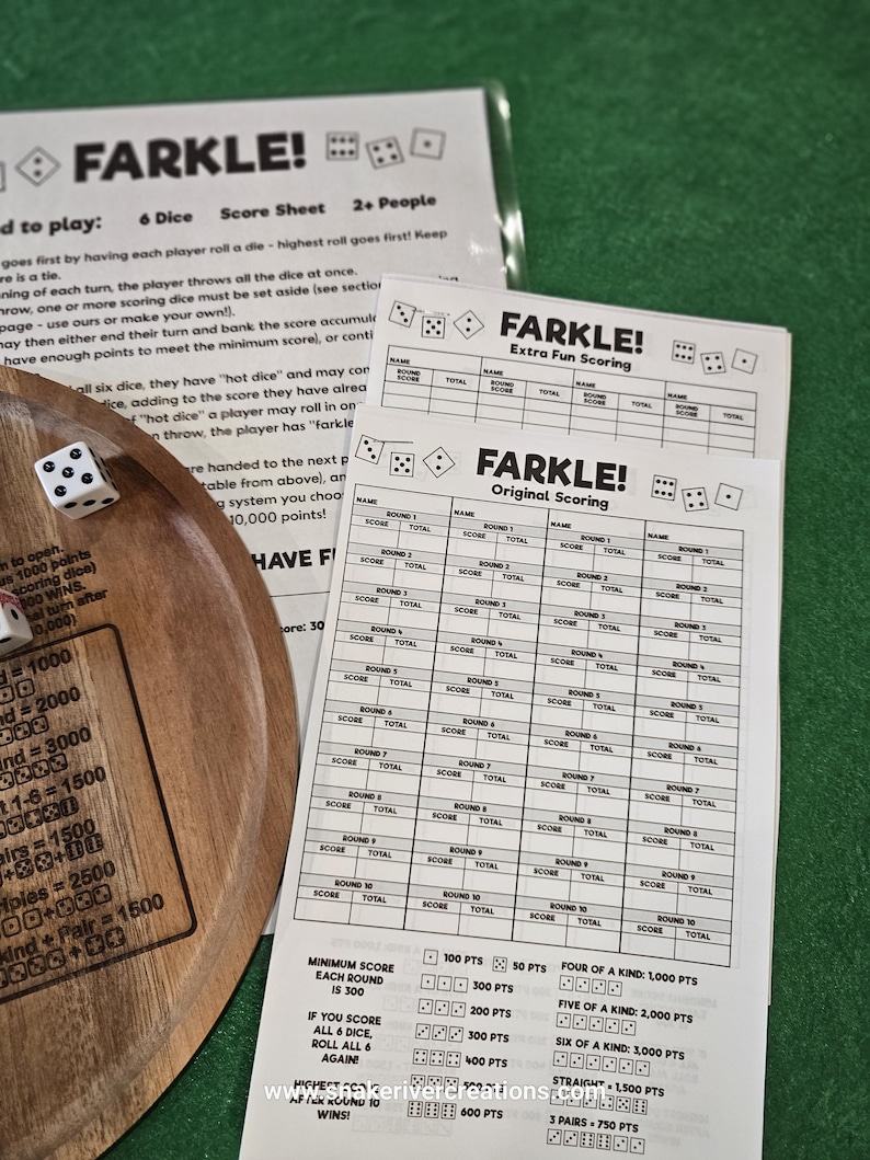 10 Farkle Game Board Includes Dice, Score Cards and Laminated Instructions - Etsy