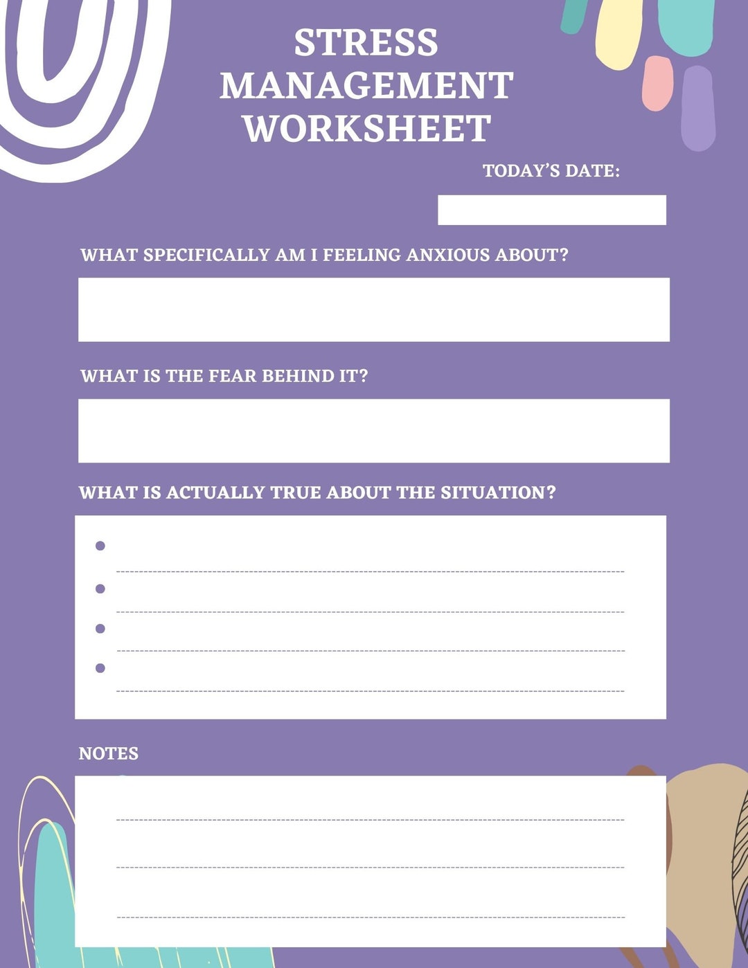 Purple Stress Management Worksheet - Etsy