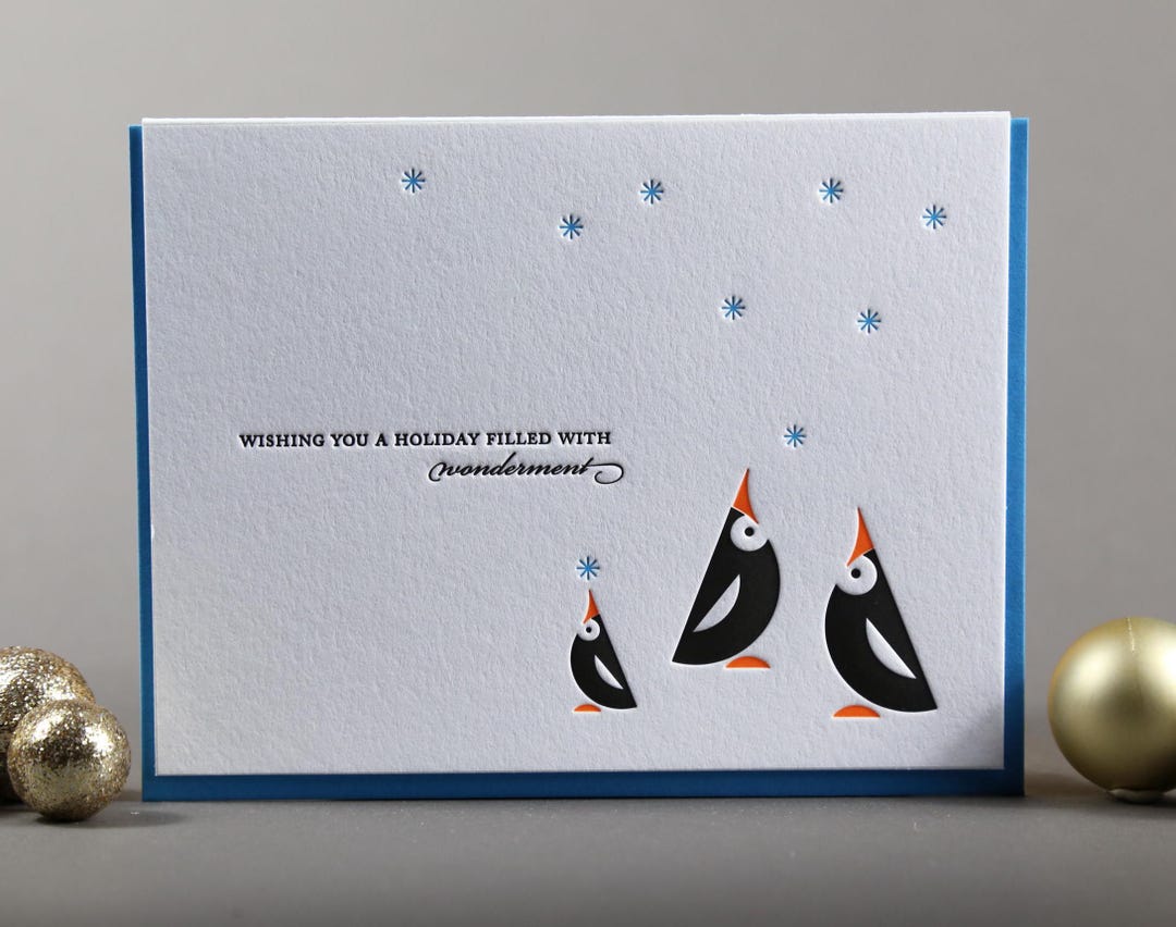 Penguins Winter Wonderment Holiday Christmas Letterpress Greeting Card ...