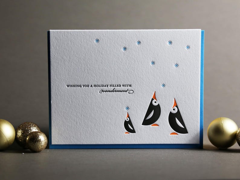 Penguins Winter Wonderment Holiday Christmas Letterpress Greeting Card ...