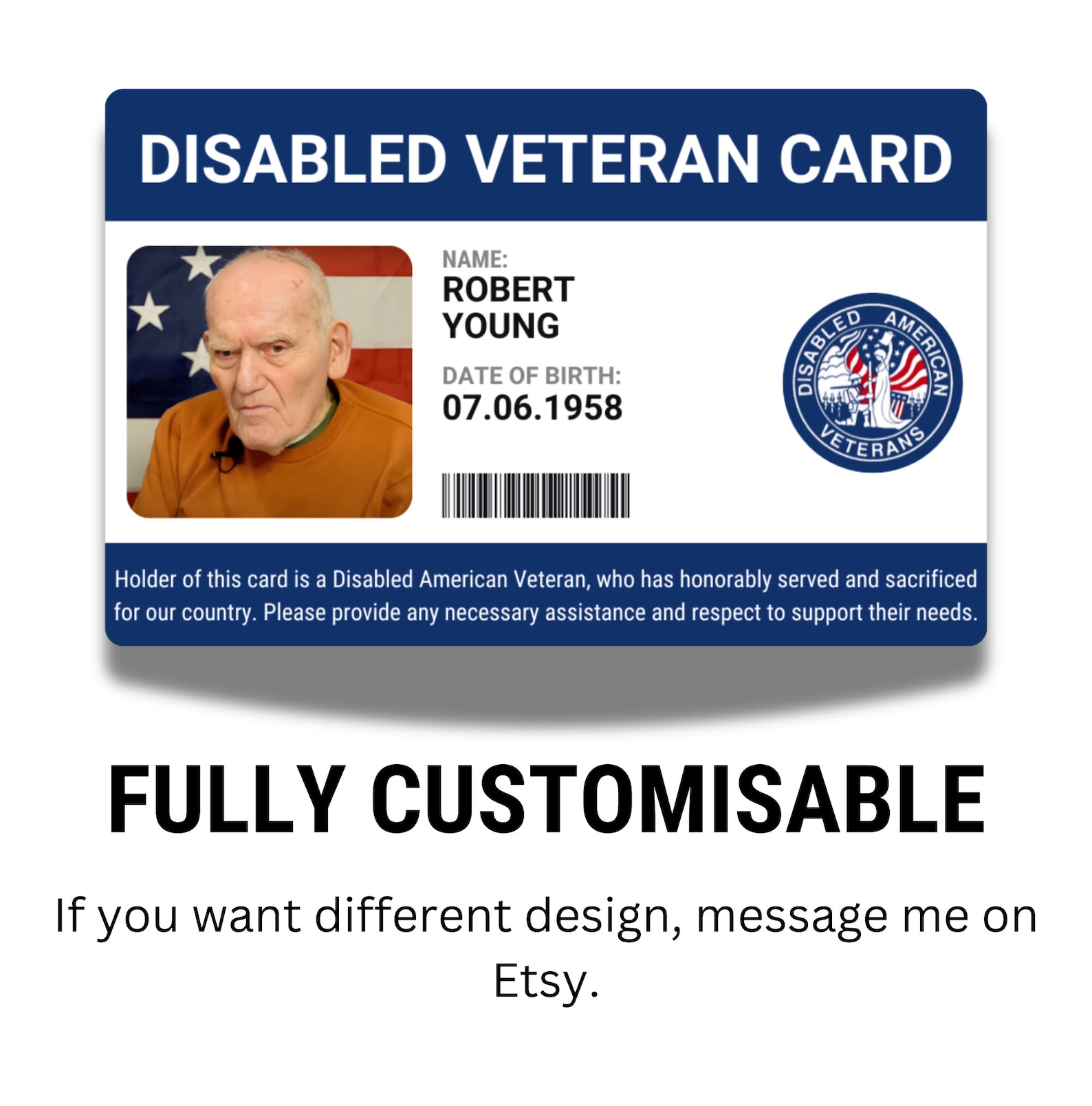 Disabled American Veteran Card, Custom Disability Identification Card ...