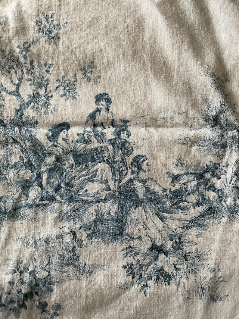 Vintage 1960s French Toile Cotton Fabric – Blue & White Country Scenes ...