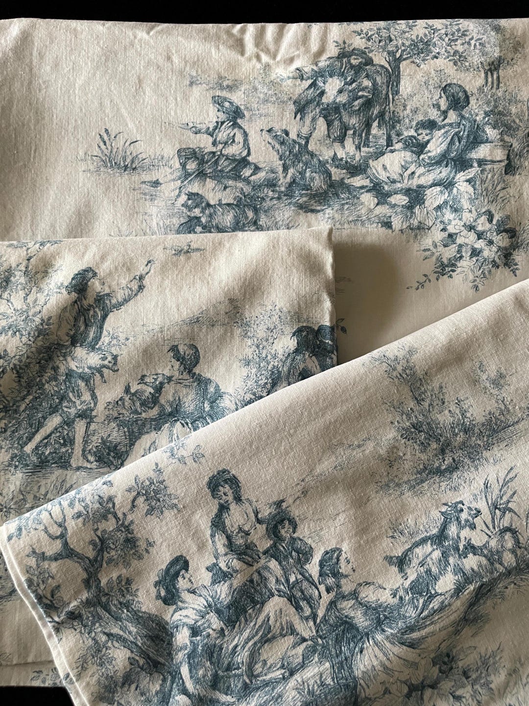 Vintage 1960s French Toile Cotton Fabric – Blue & White Country Scenes ...