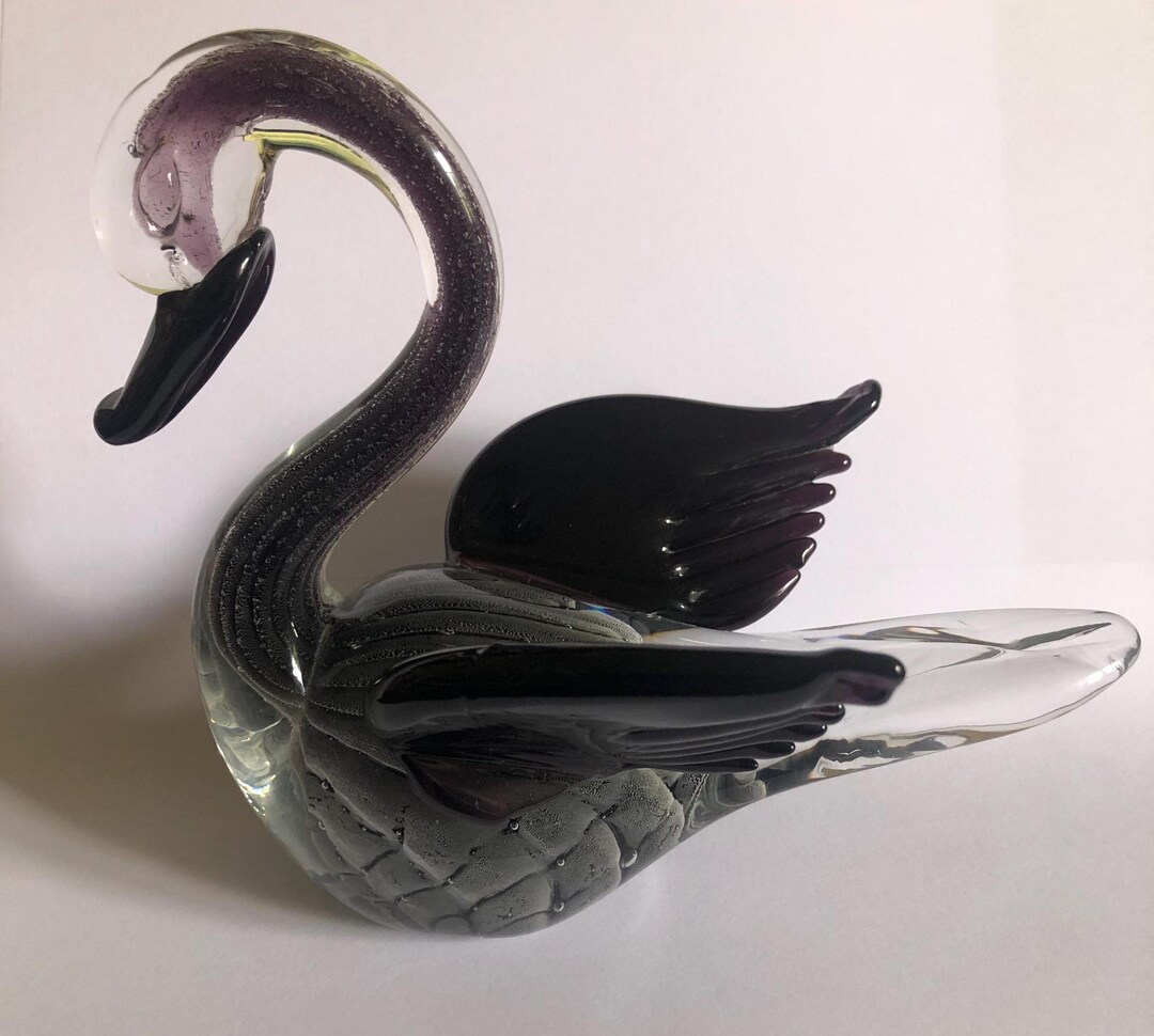 Vintage Handmade Murano Studio Art Glass Swan Purple Clear Gray ...