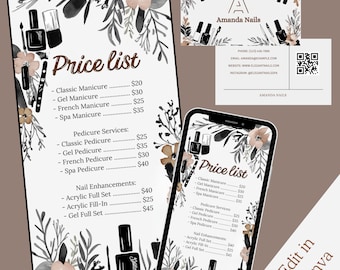 Elegant Nail Salon Price List and Business Card Template Editable Canva Digital Download for ...